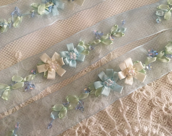 Light Blue Hand Embroidered Ribbon W/flowers Beads on Organza Ribbon ...