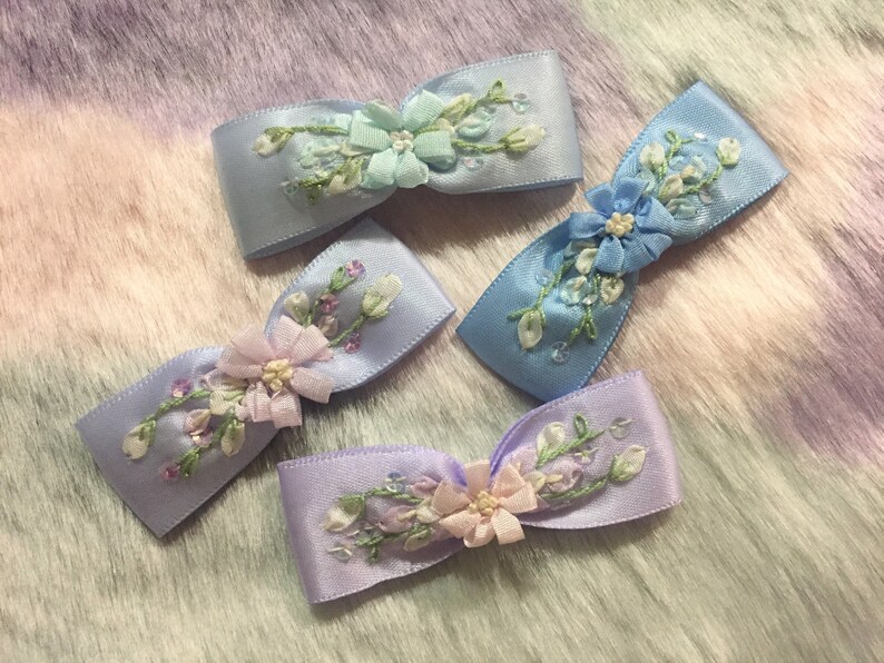 1pc Light Blue Lilac Beaded Satin Bow Applique Embellished W/ribbon ...
