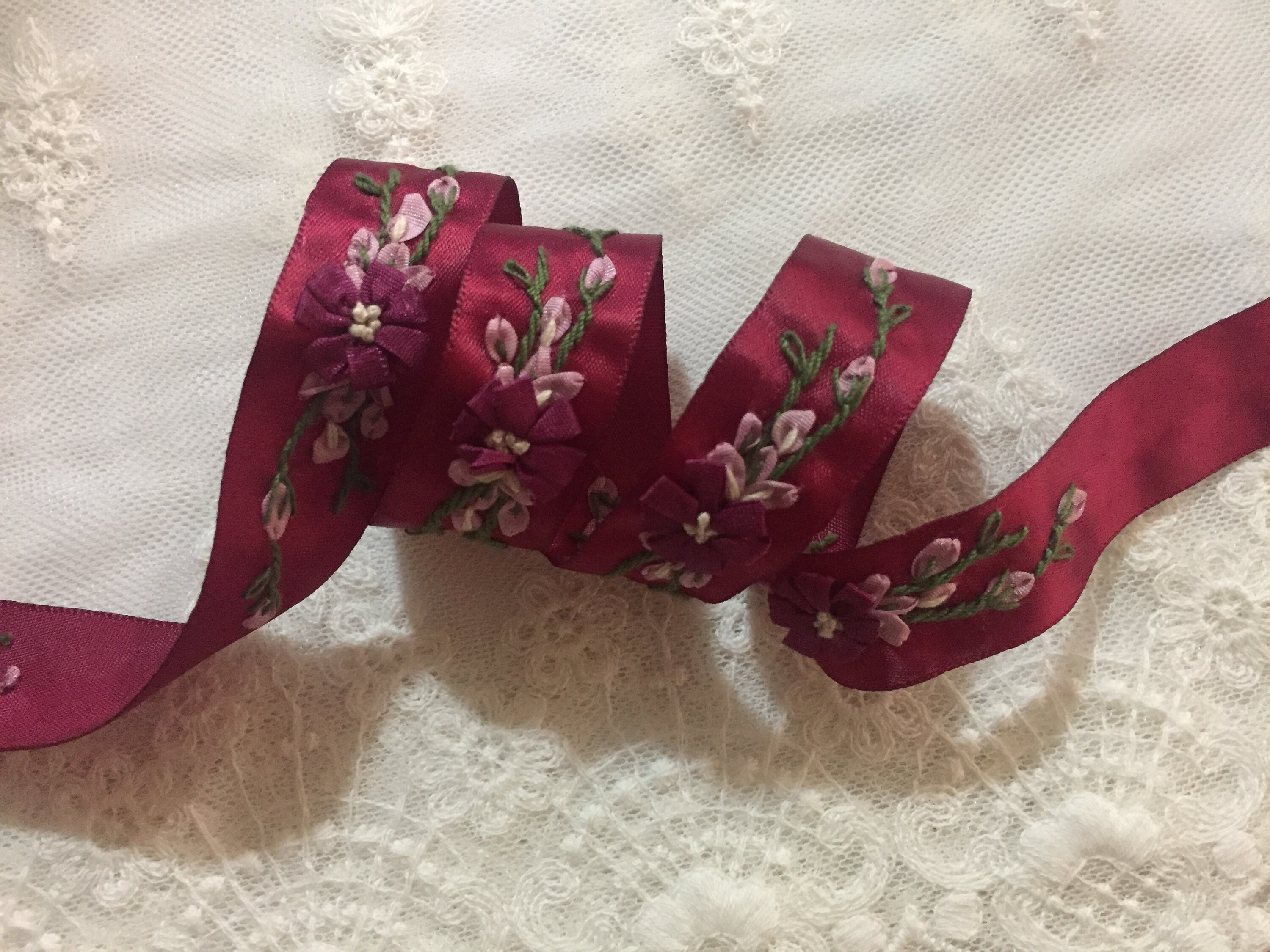 1yd Vintage Wine Hand Embroidered Flower Ribbon Tapeburgundy | Etsy