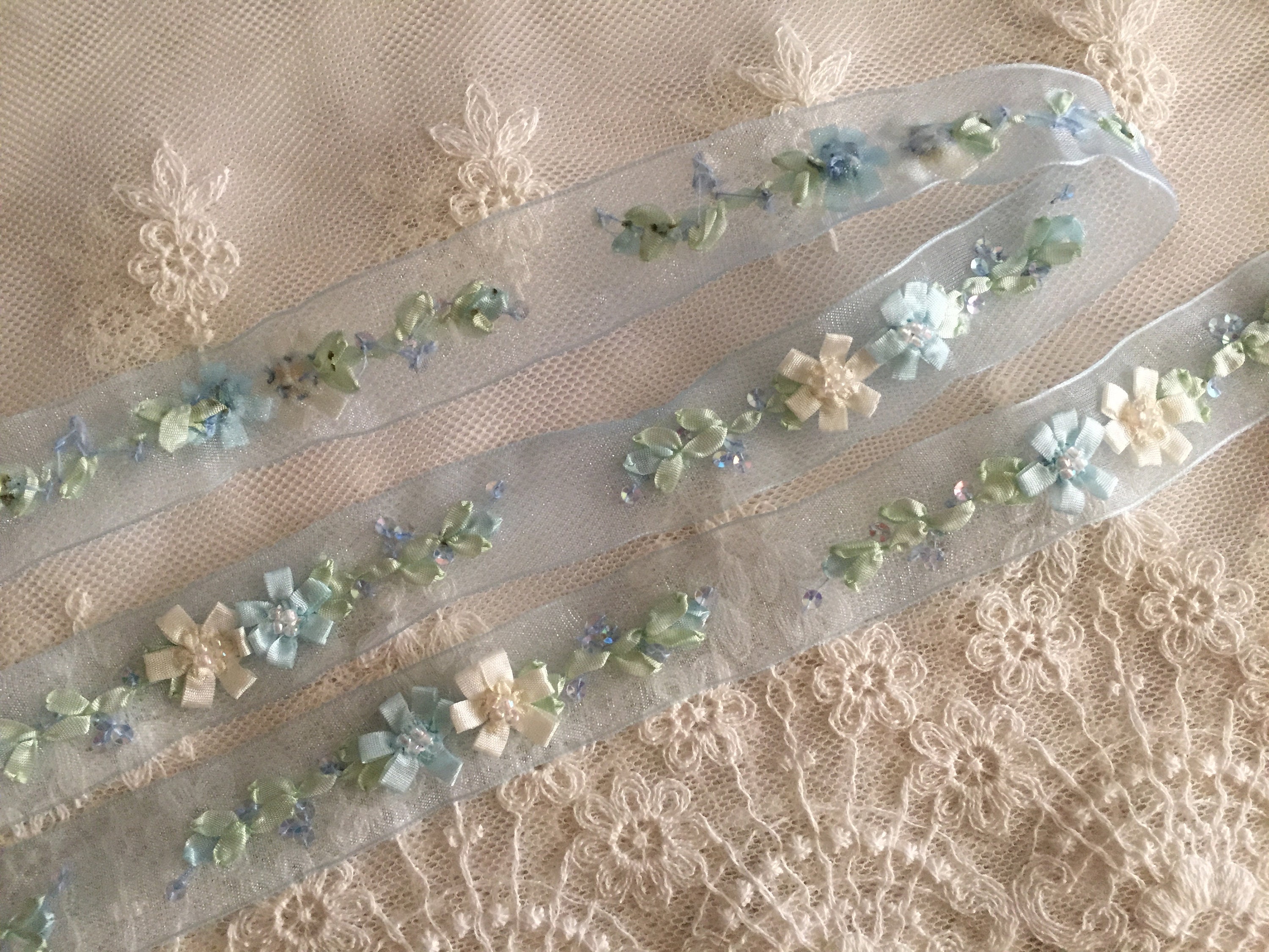 Light Blue Hand Embroidered Ribbon W/flowers Beads on Organza | Etsy