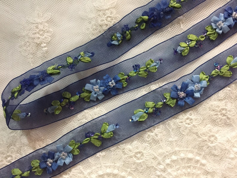 Navy Blue Hand Embroidered Ribbon W/flowers Beads on Organza - Etsy