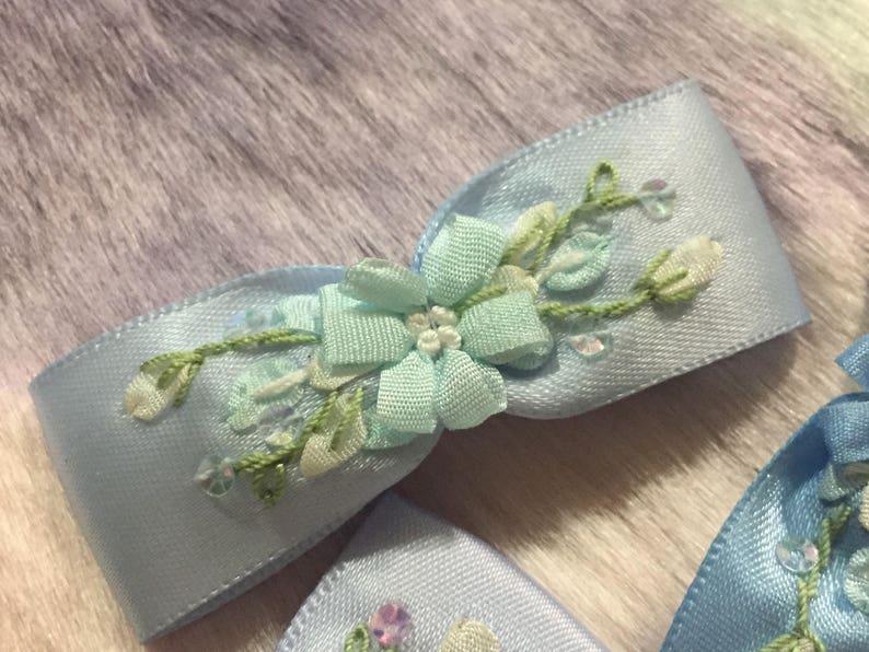 1pc Light Blue Lilac Beaded Satin Bow Applique Embellished W/ribbon ...