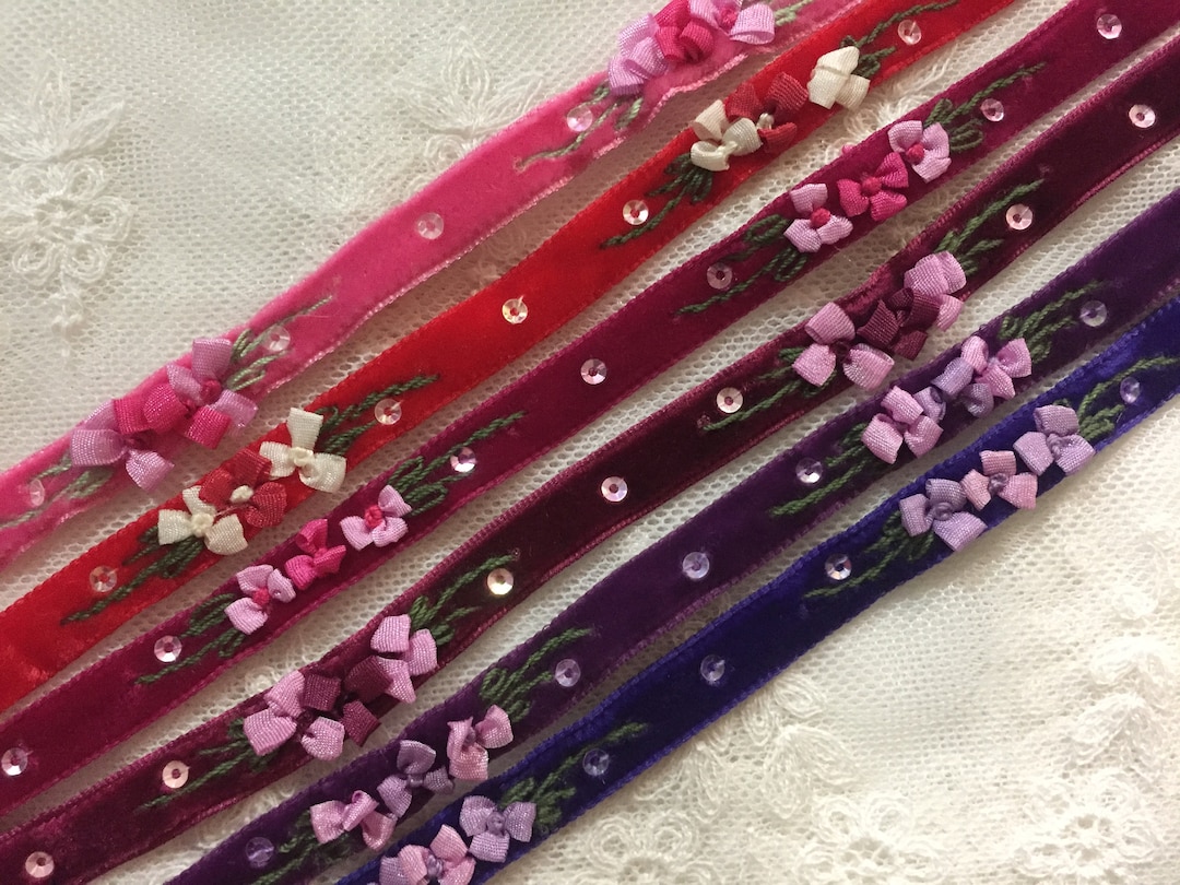 3/8" Vintage Multicolor Hand Embroidered Velvet Ribbon, Floral Design ...