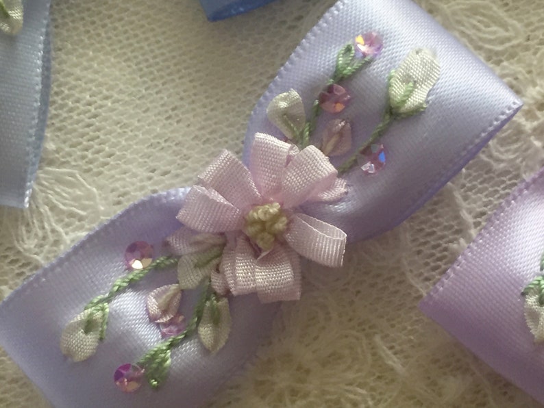 1pc Light Blue Lilac Beaded Satin Bow Applique Embellished W/ribbon ...