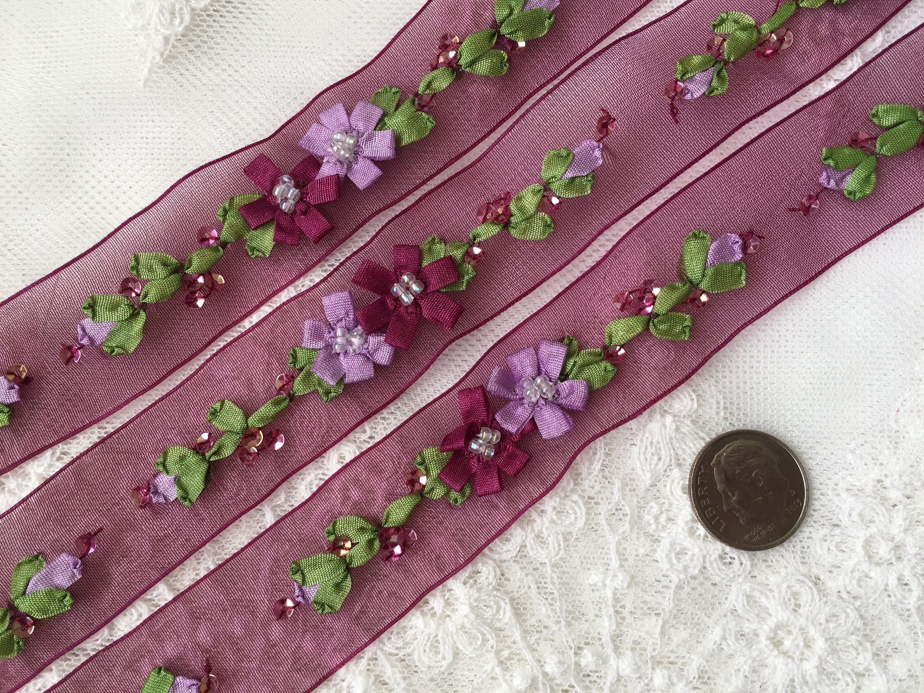 Wine Hand Embroidered Ribbon W/flowers Beads on Organza - Etsy
