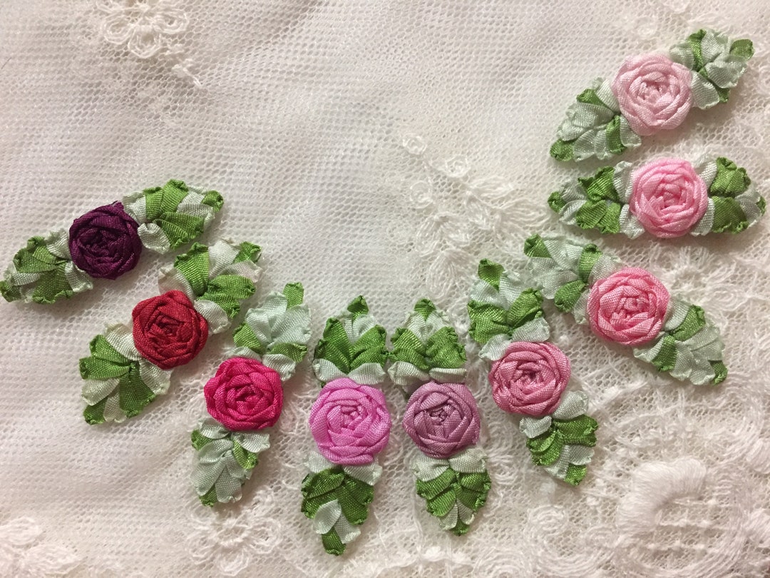 6pcs Vintage Burgundy Wine Red Pink Rose Mauve Ribbon HAND Embroidered ...