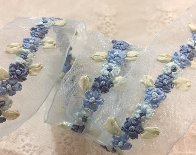 1.5" Vintage Light Blue Hand Embroidered Flower on Organza Ribbon ...