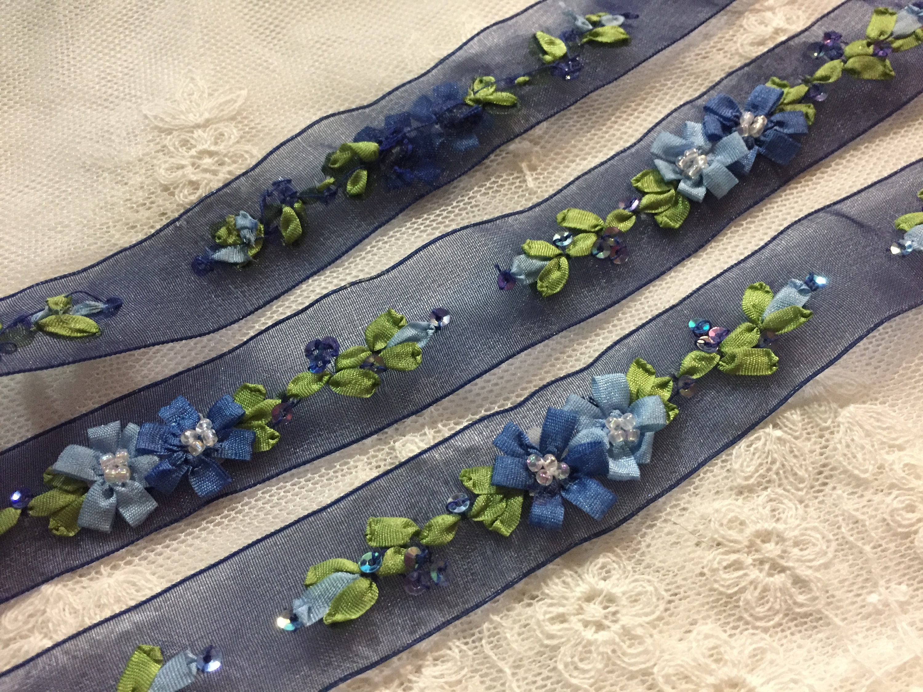 Navy Blue Hand Embroidered Ribbon w/Flowers Beads on Organza | Etsy