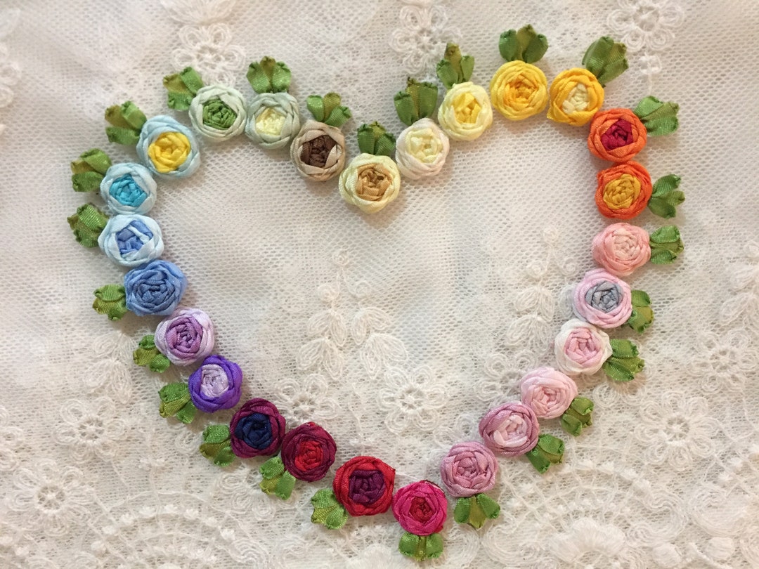 7/8" Vintage Multi Color Ribbon Roses Rosettes, Floral Ribbonwork ...