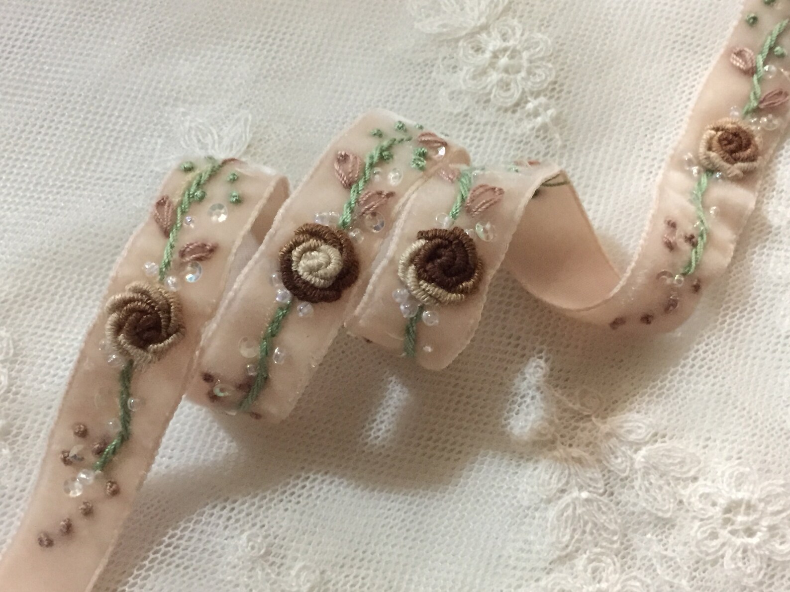 5/8 Tan Mocha Brown Embroidered Rose Velvet Ribbon | Etsy