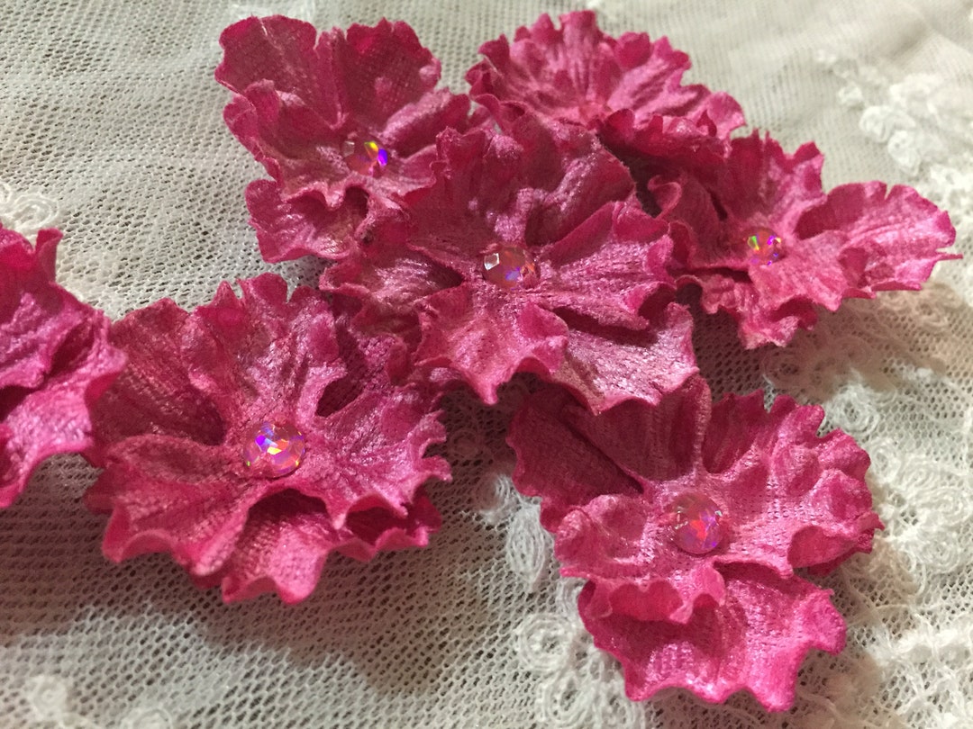 30pcs 1.75"x1.75" Hot Pink VELVET FLOWERS With Center Rhinestone ...