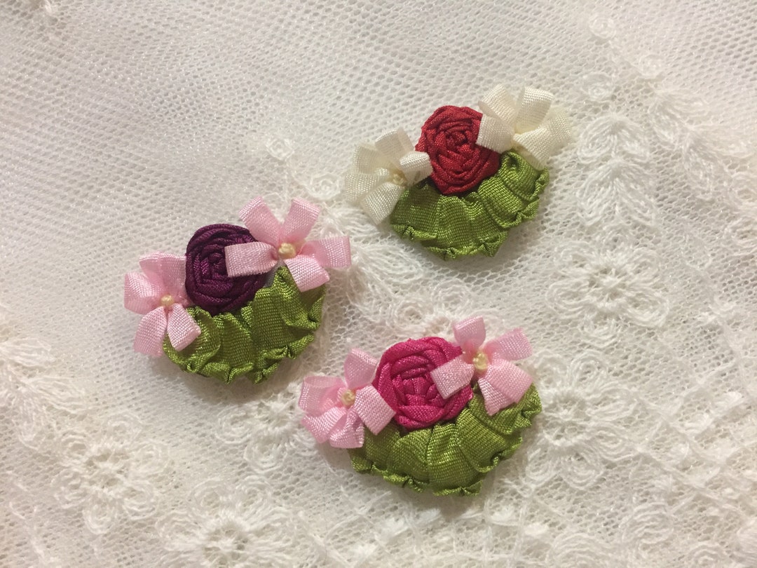 2pcs Vintage Wine Red White Pink Ribbon HAND Embroidered Ribbon Work ...