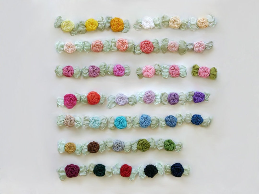 1-1/8" Vintage Ribbon Roses Rosettes With Leaves, Floral Ribbonwork ...