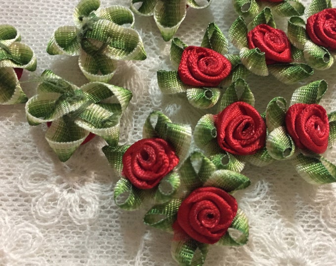 25/50/100, 7/8" Ribbon Rose, Red Miniature Fabric Roses With Green ...