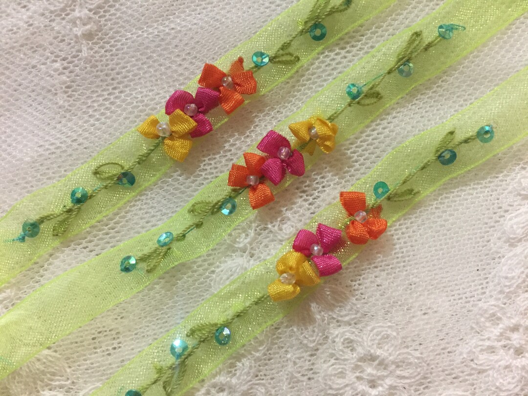 3/8" Apple Green Vintage Embroidered Ribbon W/beads & Sequins on ...