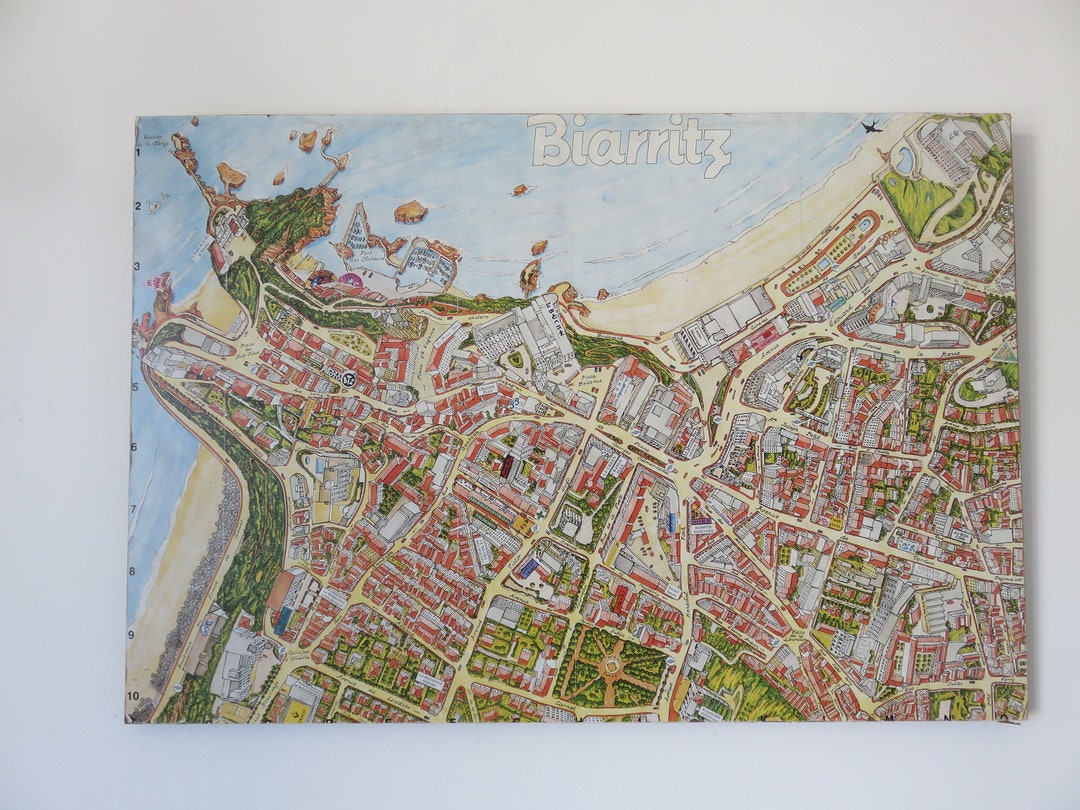 Large Poster, Map of BIARRITZ, on Wood 1980 80's Vintage Basque Country ...