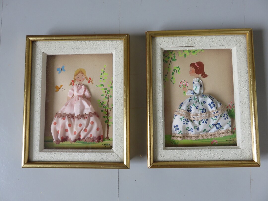 Rare Pair of Signed little Girls Model Frames, Mid Century Fabric ...