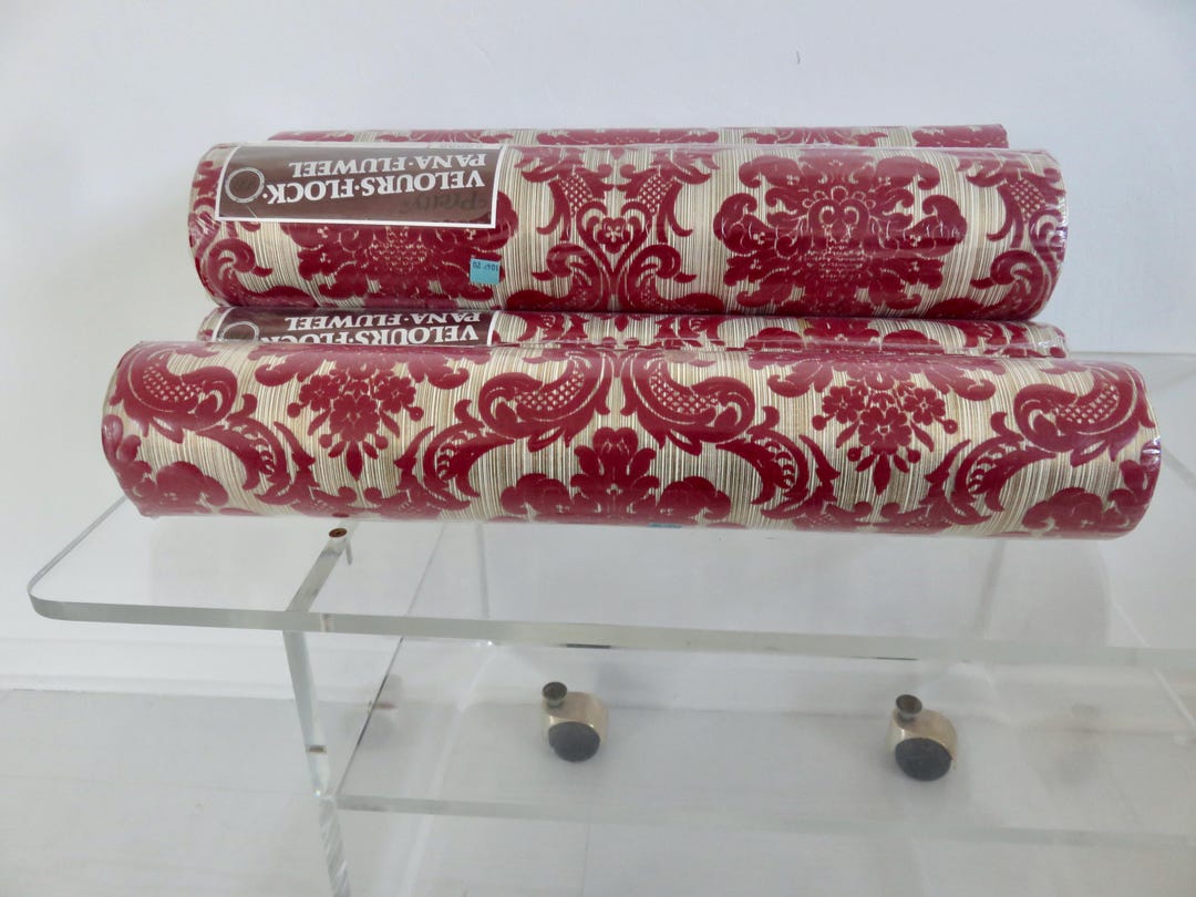 Rare Roll of Wallpaper, Baroque Pattern, Red Velvet Flock, Gold Borders ...