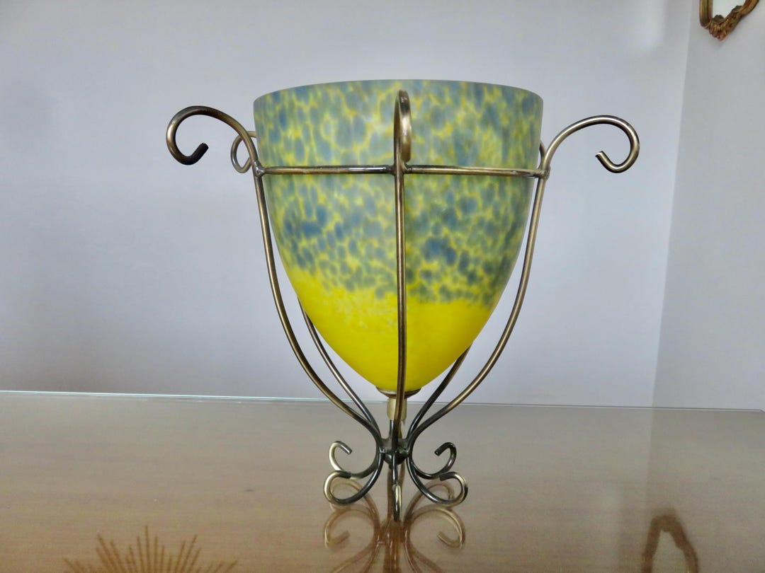 Yellow and Blue Marbled Glass Bowl Lamp, in the Muller Style, Art Deco ...