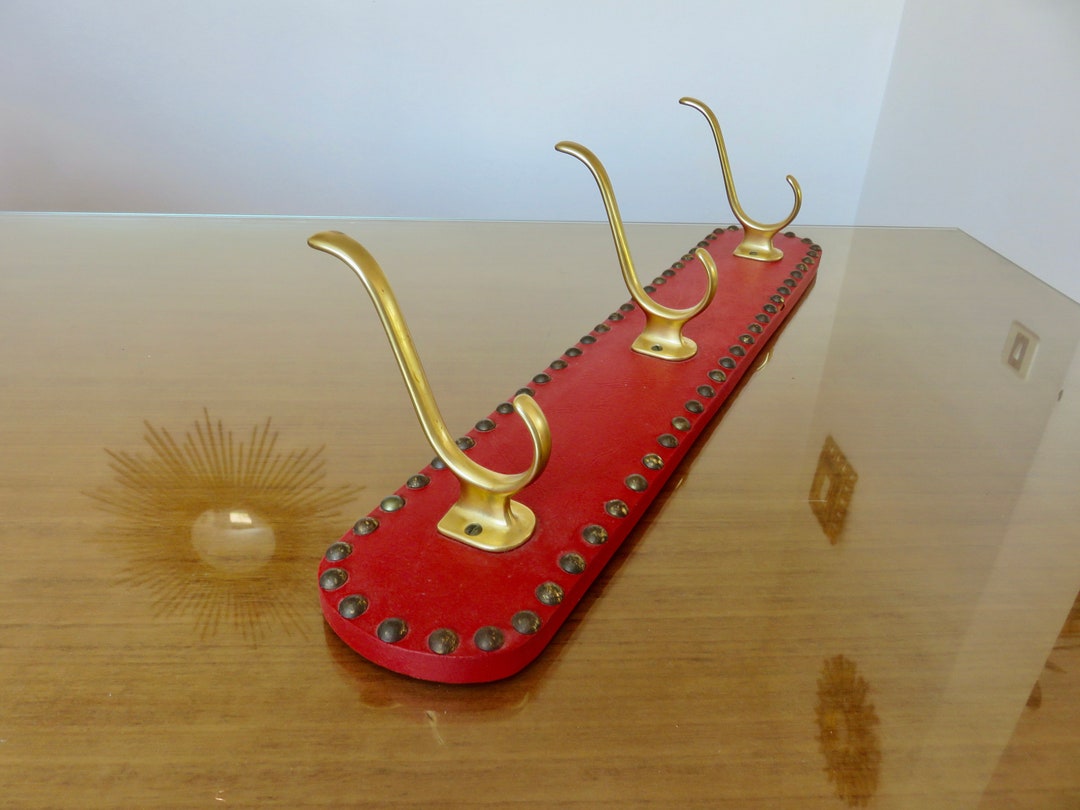 Large Wall Coat Rack, Rockabilly, in Red Skai and Studs, 3 Brass Hooks ...