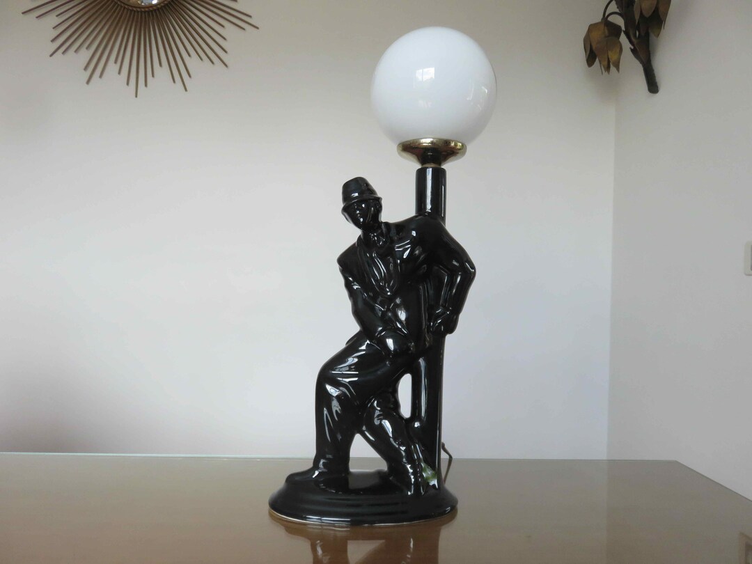 Large "man With Floor Lamp" Lamp in Black Ceramic and White Opaline ...