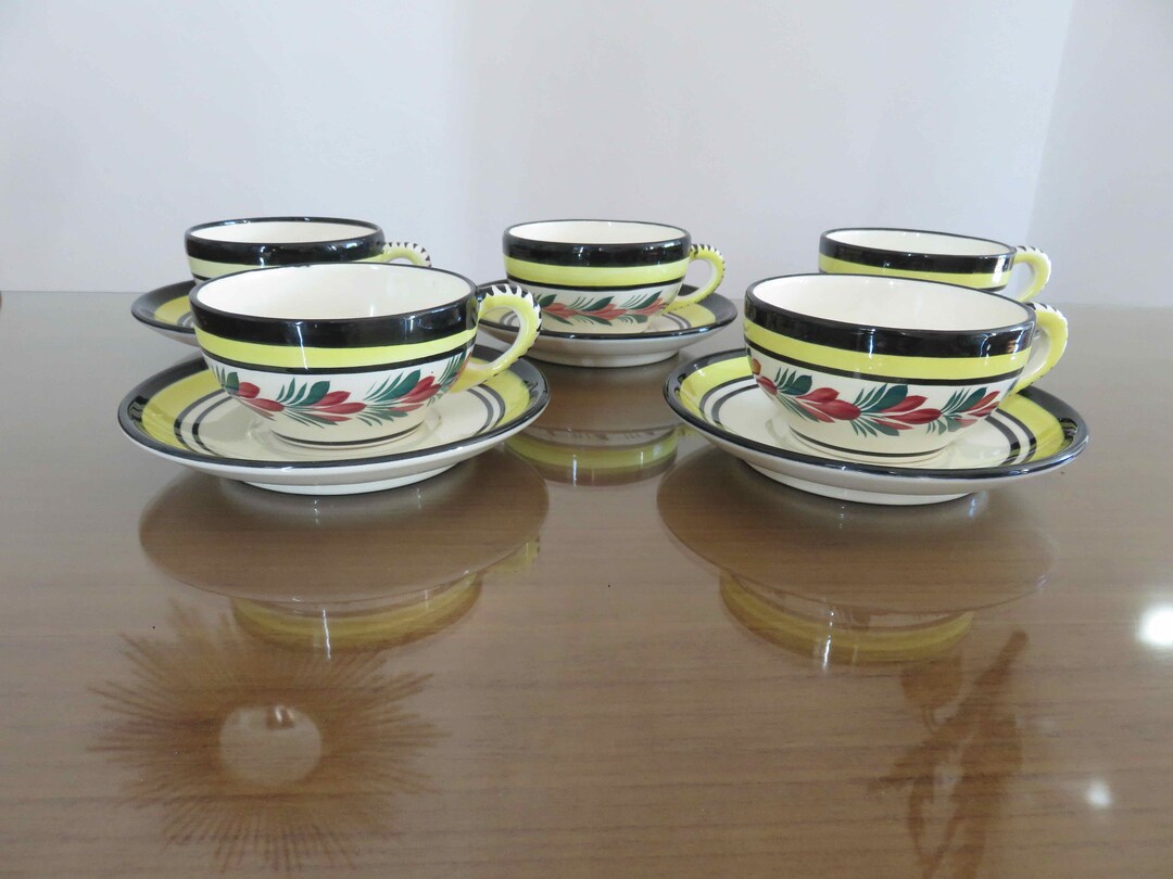 5 Cups and Saucers HENRIOT QUIMPER, Breton Popular Art, Floral Pattern ...