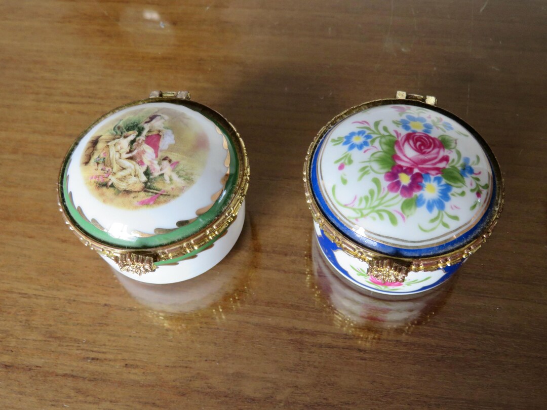 Set of 2 Porcelain and Brass Pill Boxes, Jewelry Box, Secret Box 1980 ...