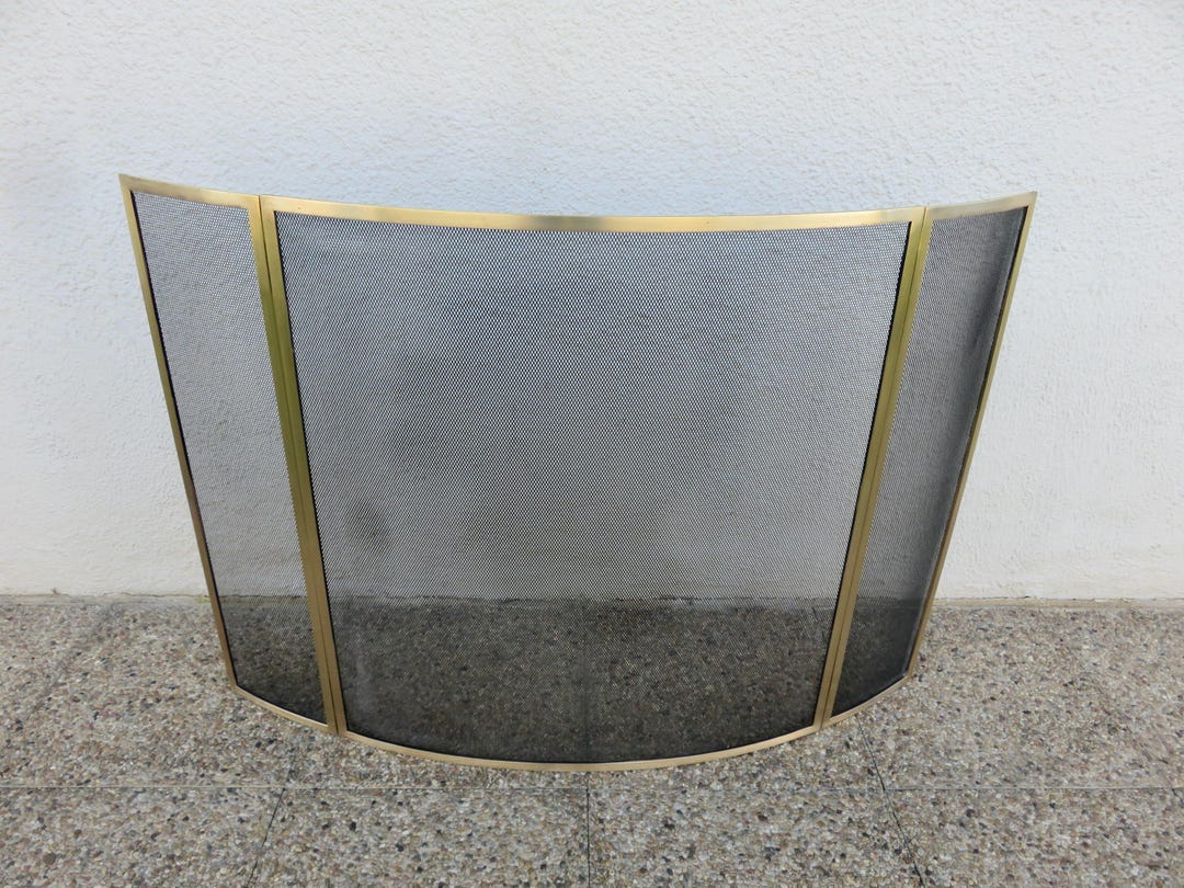 Large Curved Brass Fireplace Screen, Spark Guard, Minimalist, 3 Panes ...