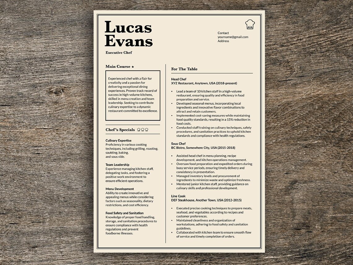 Chef Menu Resume Template Microsoft Word, Executive Chef Resume, Head ...
