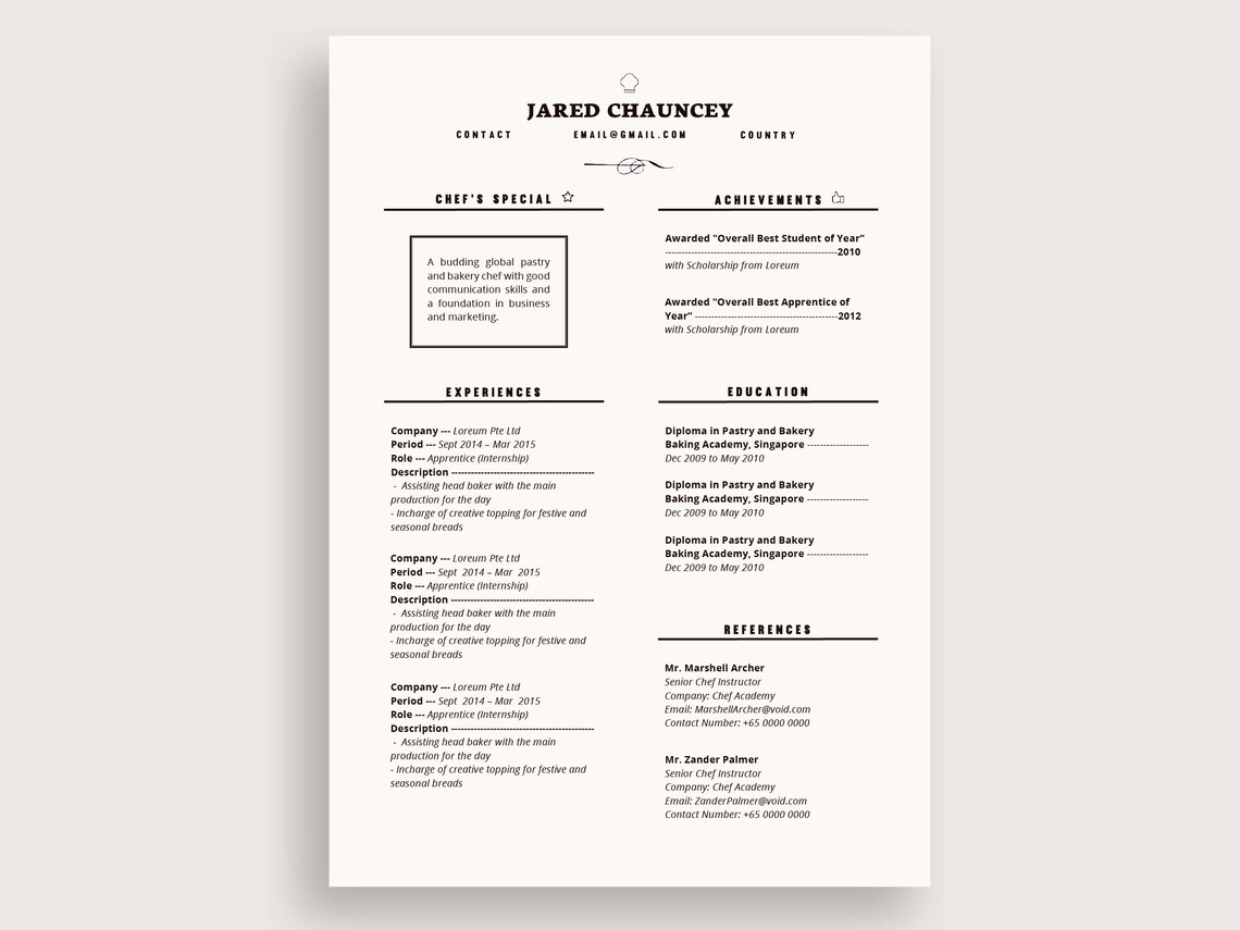 Menu Resume Template for Chef | CV Template | Instant Digital Download ...