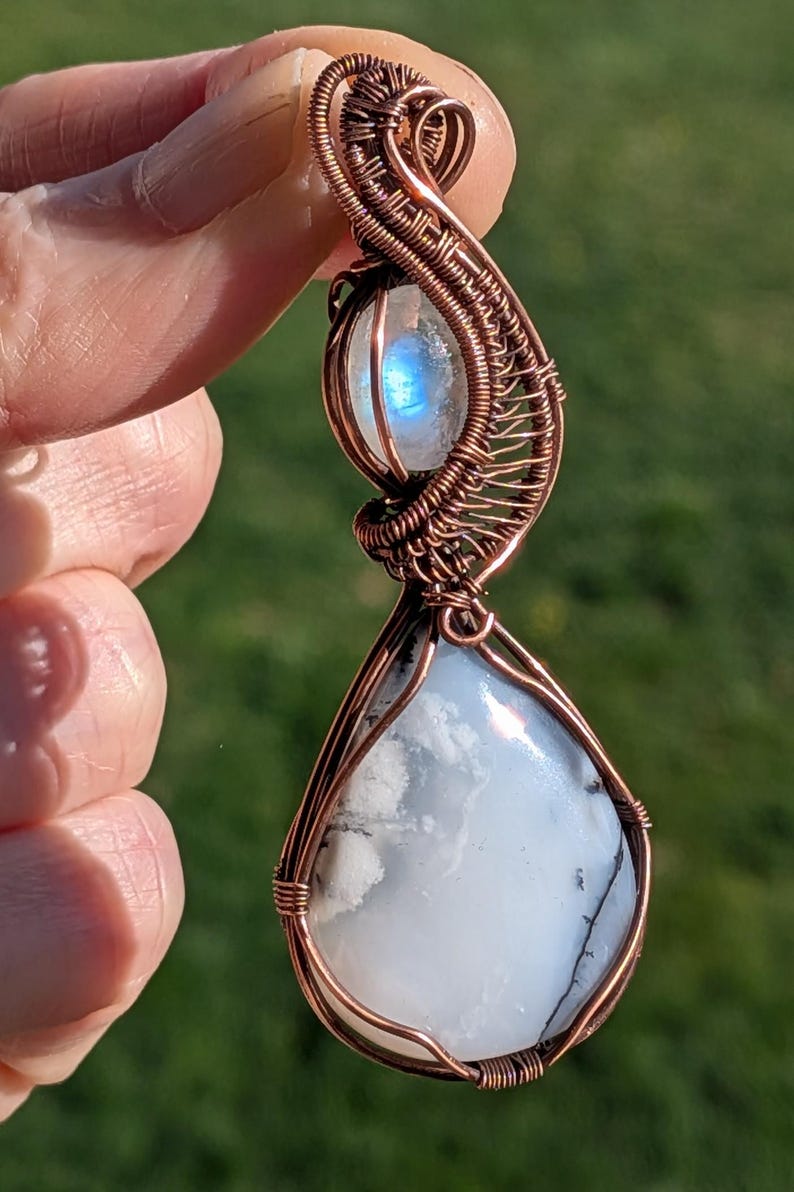 Wire Wrapped Moonstone Dendritic Agate Pendant – Oxidized Copper Moody ...
