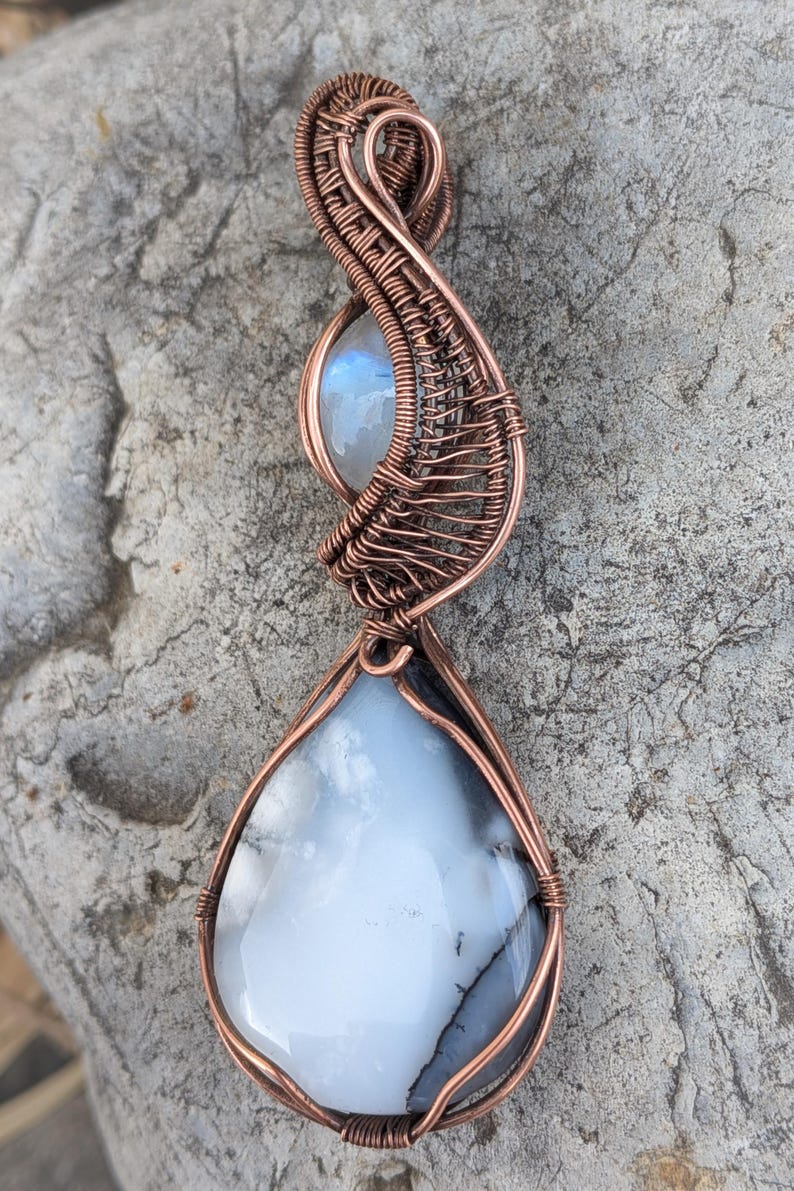 Wire Wrapped Moonstone Dendritic Agate Pendant – Oxidized Copper Moody ...