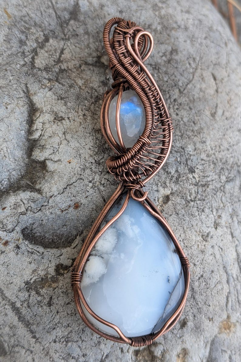 Wire Wrapped Moonstone Dendritic Agate Pendant – Oxidized Copper Moody ...