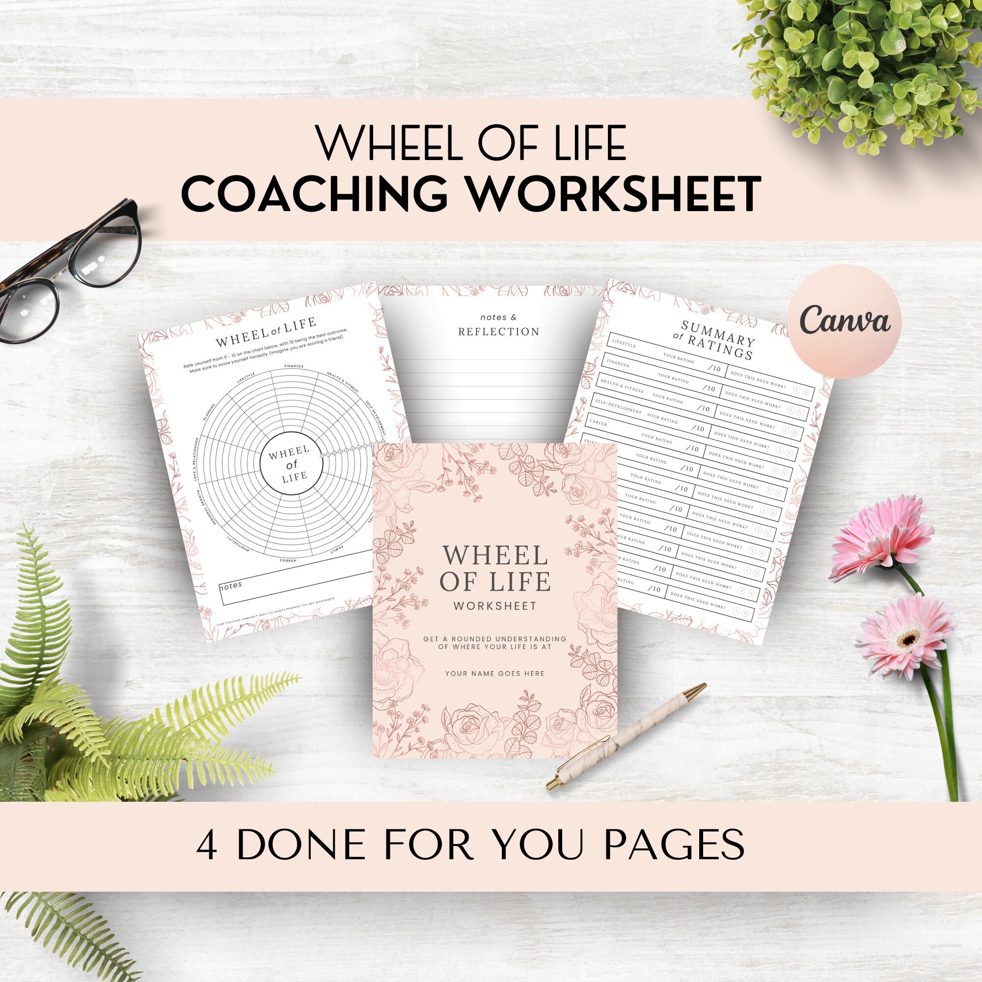Wheel of Life Coaching Worksheet Canva Template Rose Gold Done for You ...