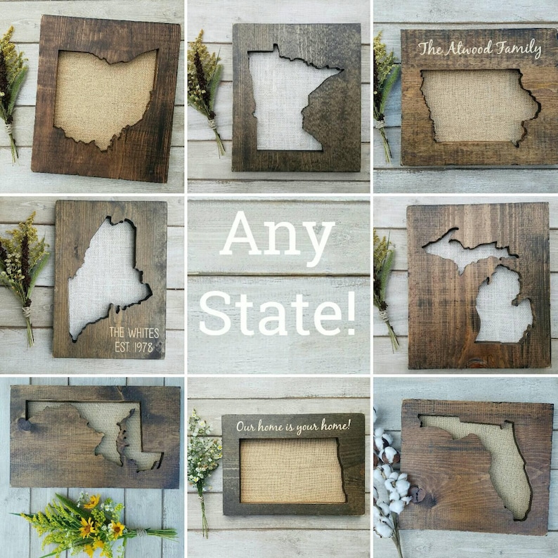 Rustic State Burlap Wood Sign, Custom Engraved Home Decor - Etsy