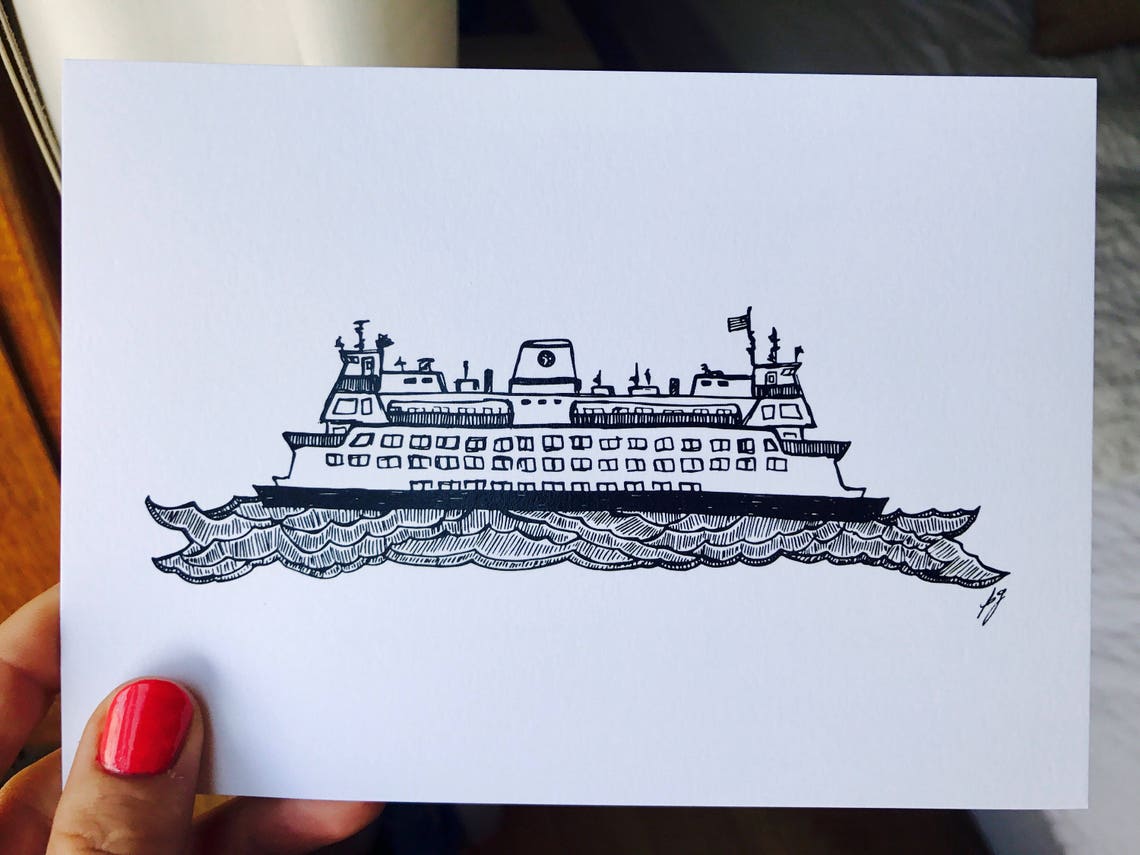 Ferry Boat Illustration Print Washington State Wall Art | Etsy