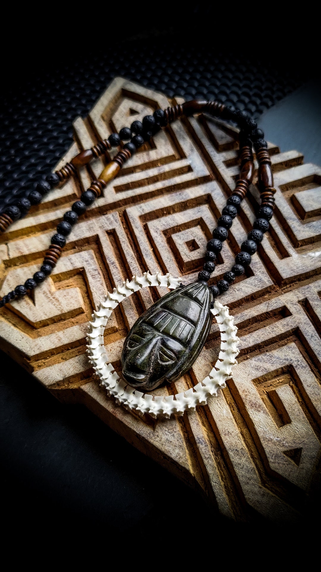 Tribal Carved Nephrite Ethnic Mask Snake Bones Lava Yak Bones Beads ...