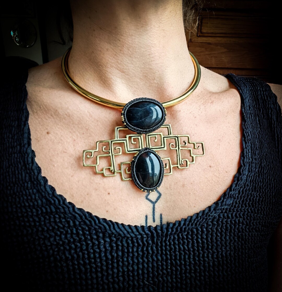 Brass Original Design Aztec Design Double Large Black Banded Agates ...