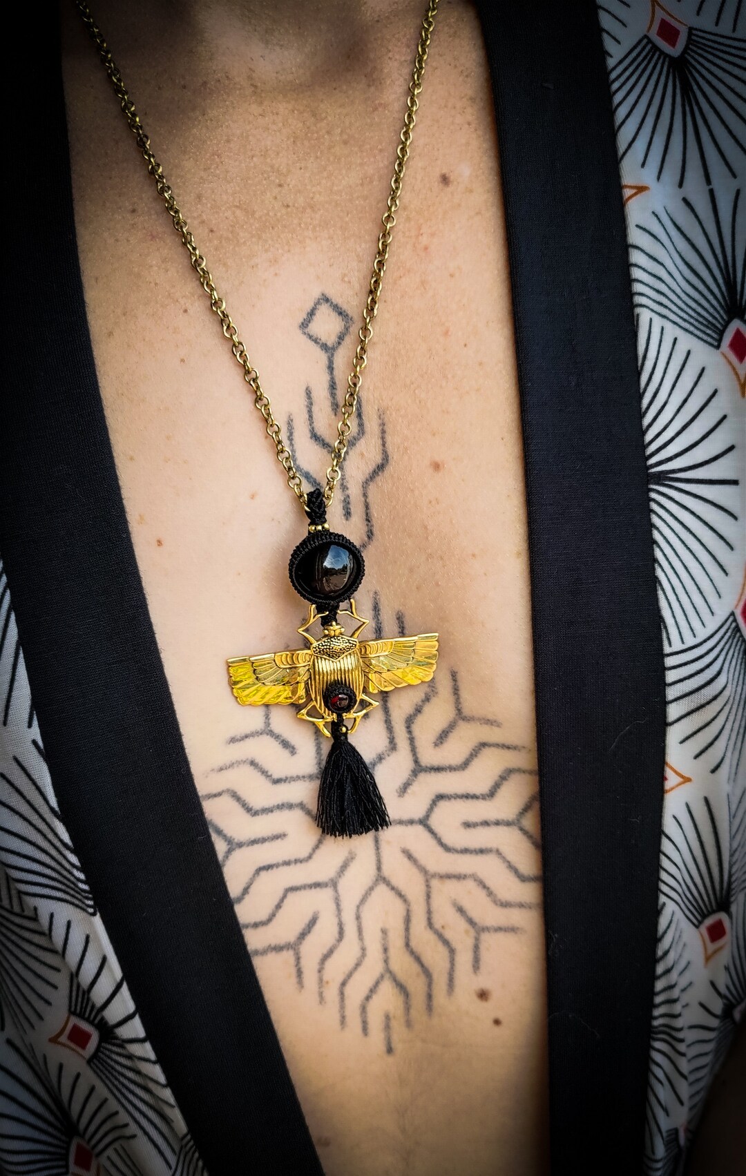 Brass Obsidian Garnet Majestic Beetle Black Cotton Tassel Unisex Chain ...
