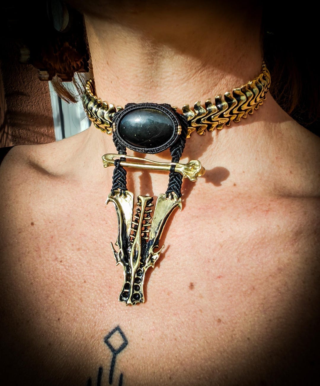 Brass Voodoo Spine Bird Pelvis Pelican Bone Gold Obsidian Tribal Unisex ...