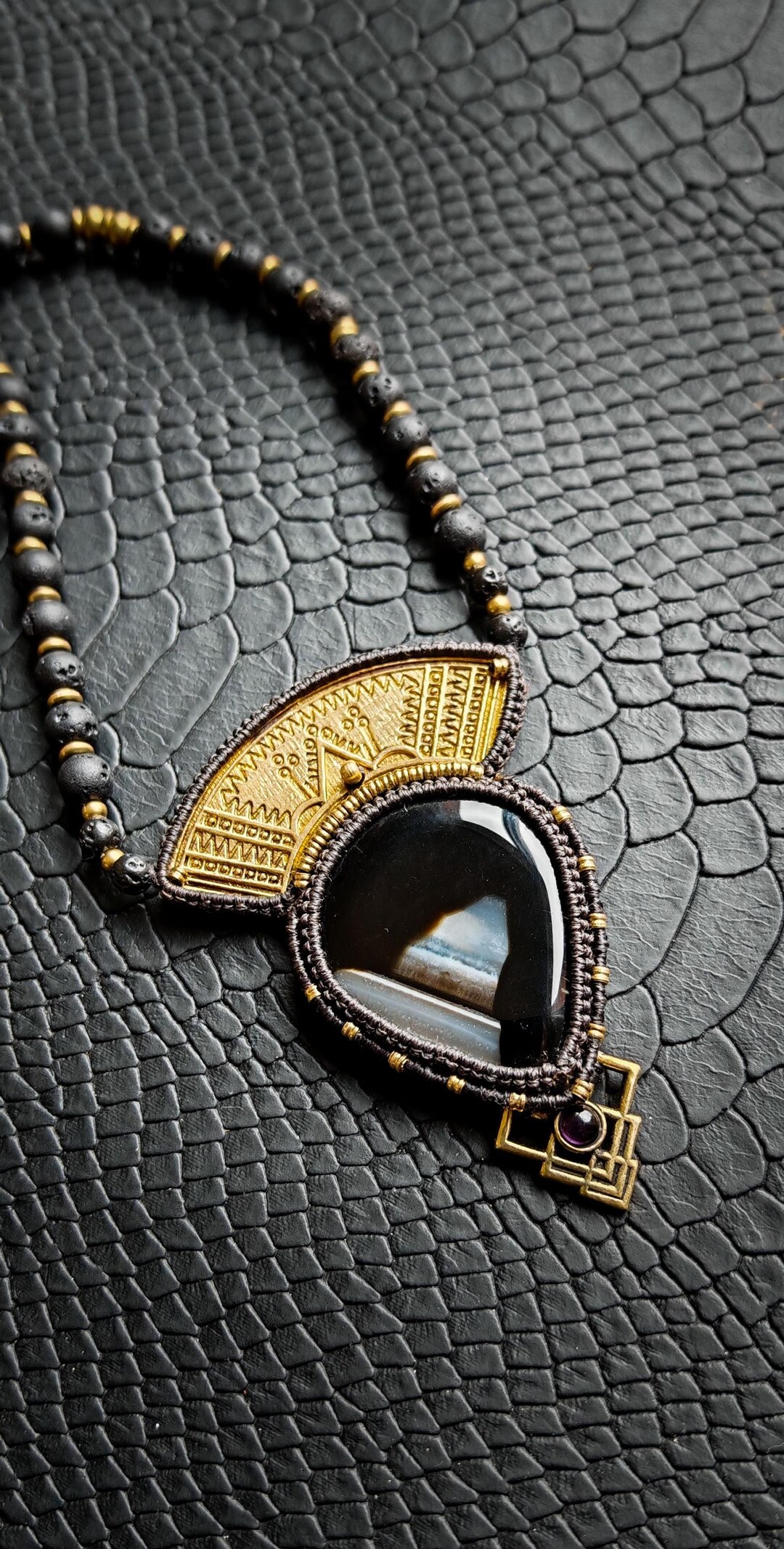 Brass Ethnic Tuareg Pattern Black Banded Agate Geometric Amethyst Lava ...