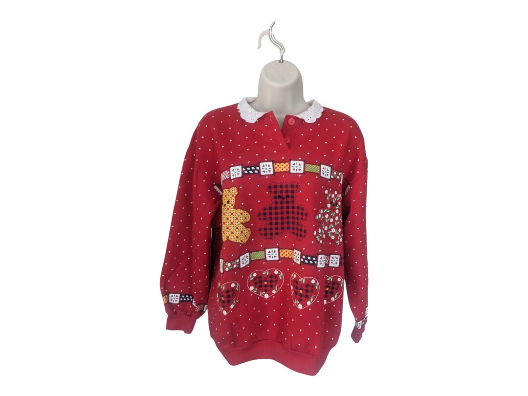 1980s SPUMONI Red Kawaii Puffy Graphic Bear Heart Print Sweatshirt ...