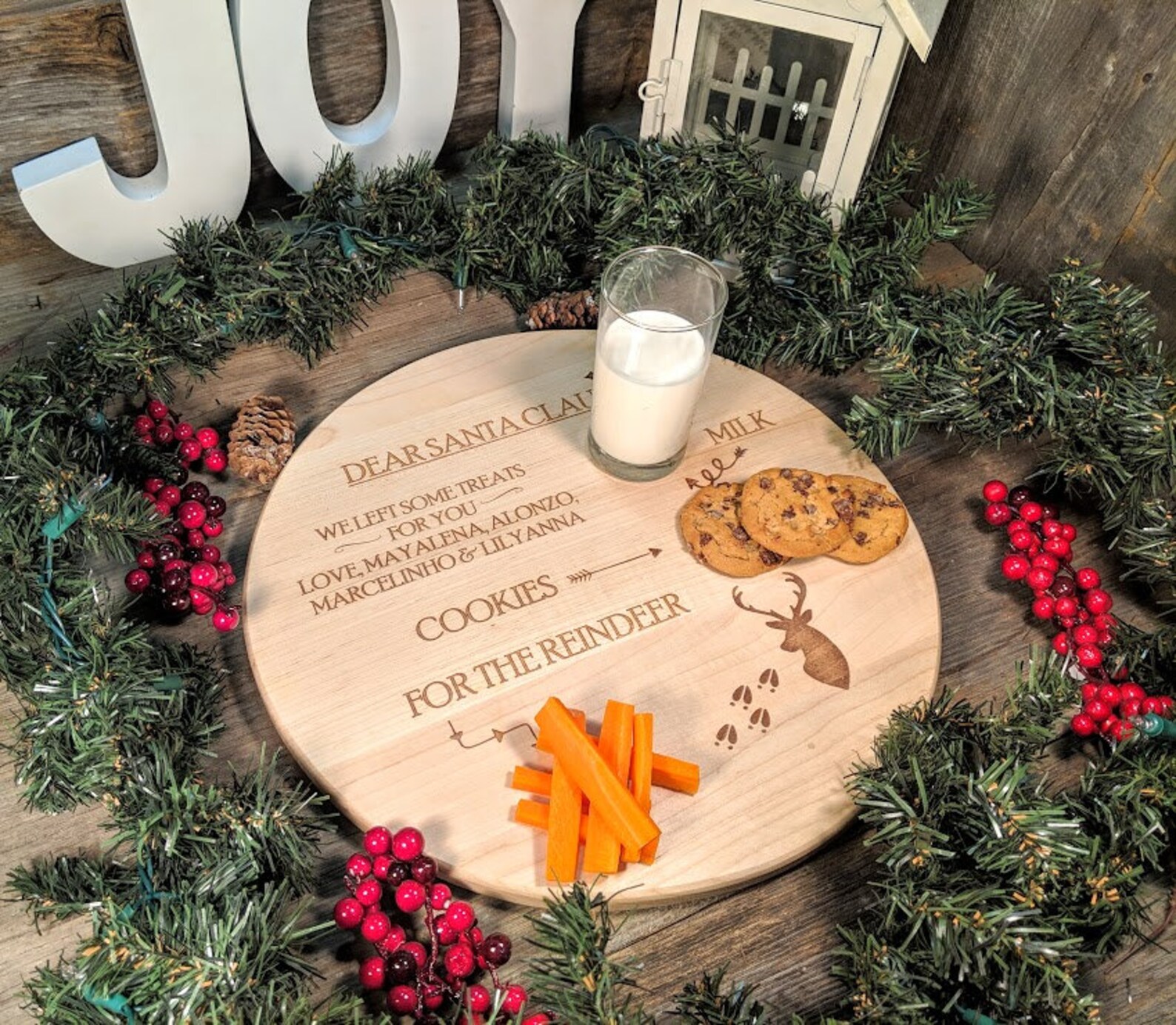 Large Round Christmas Serving Tray - Solid Maple Laser Engraved With ...