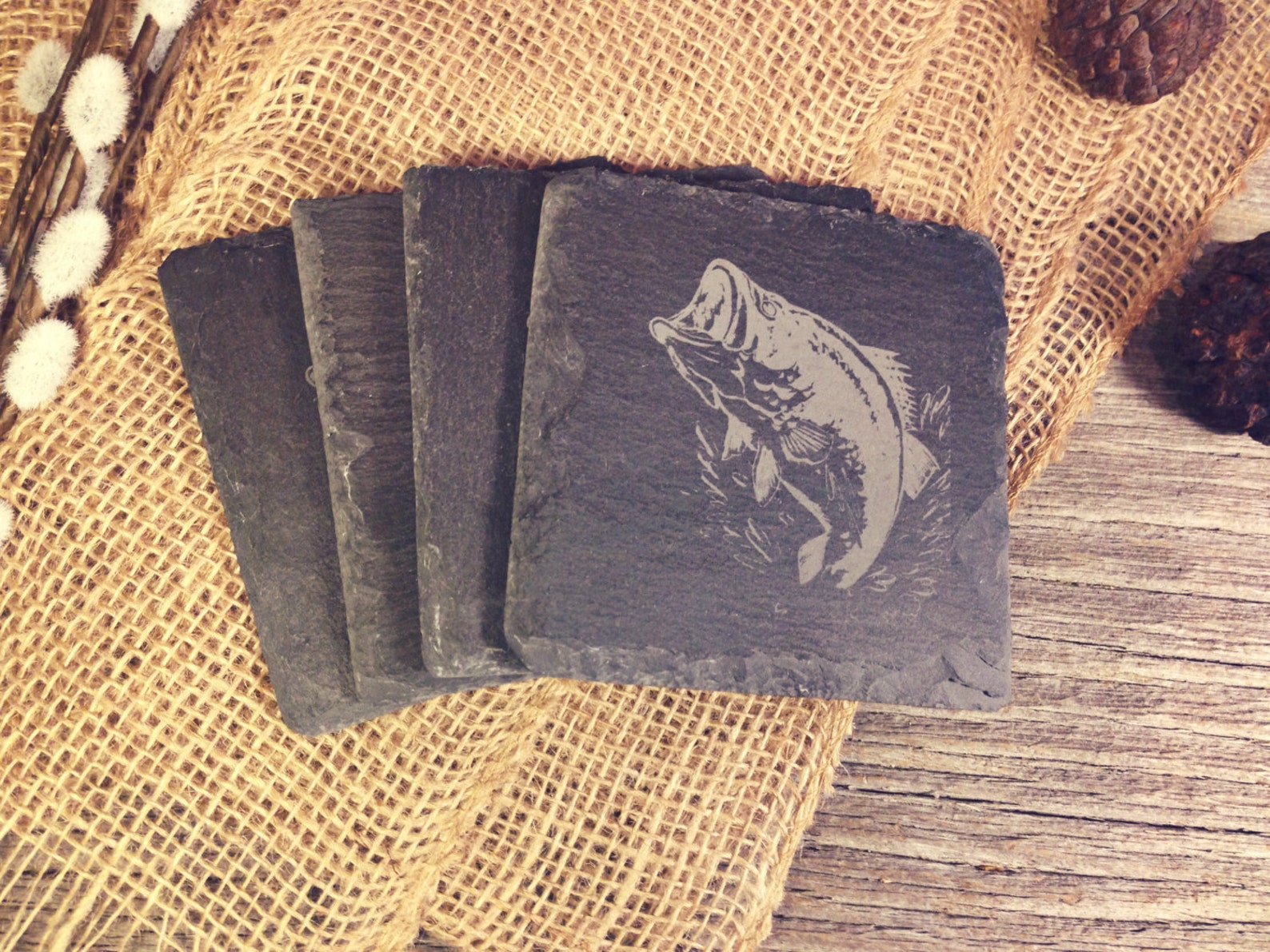 Laser Etched Natural Slate Bass Fish Coasters - Etsy Canada
