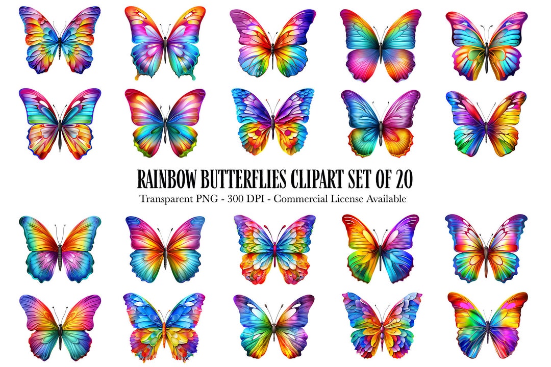 Rainbow Butterflies Clipart - Cartoon Butterfly - Transparent PNG - Set ...
