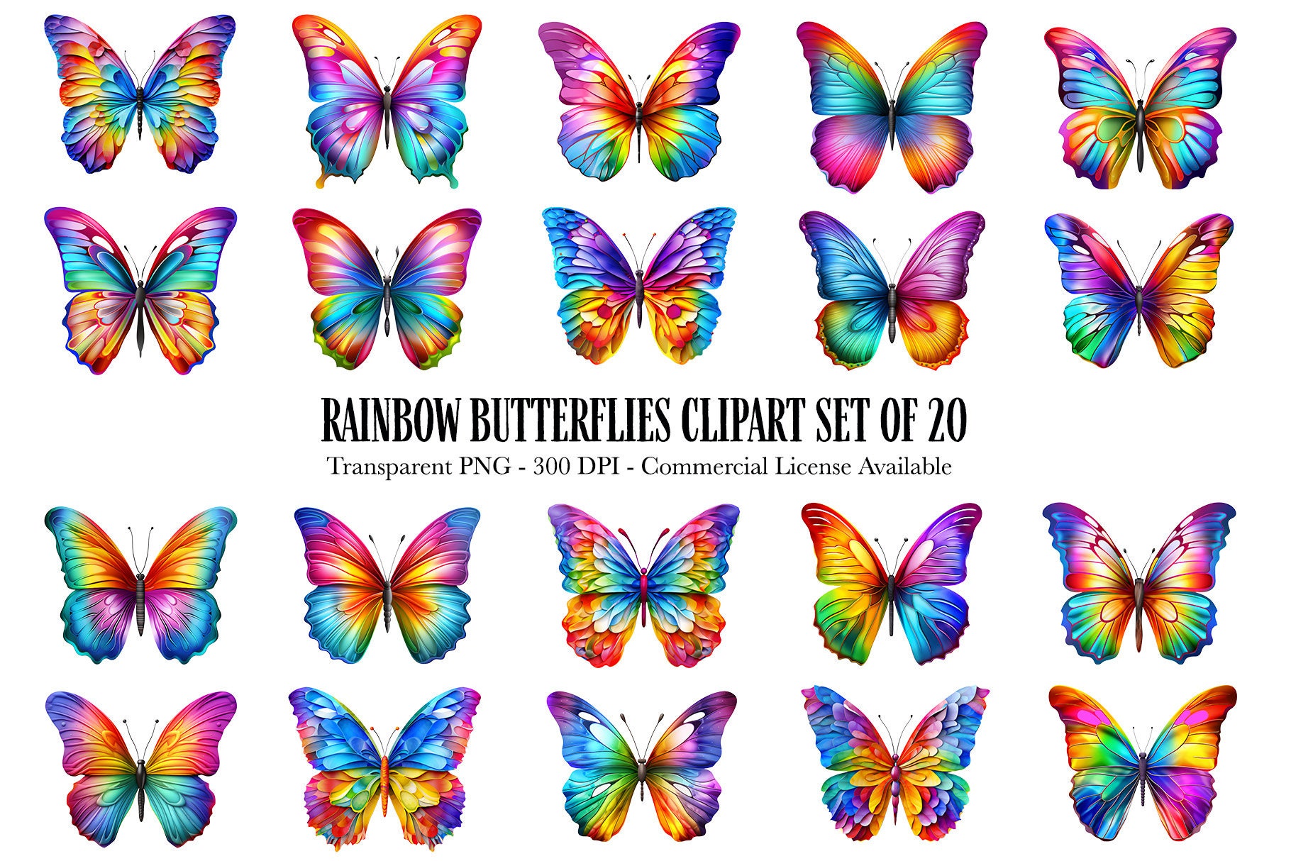 Rainbow Butterflies Clipart Cartoon Butterfly Transparent PNG Set of 20 ...