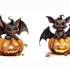 Whimsical Bat and Pumpkin Illustration Clipart Set - 15 High-resolution ...