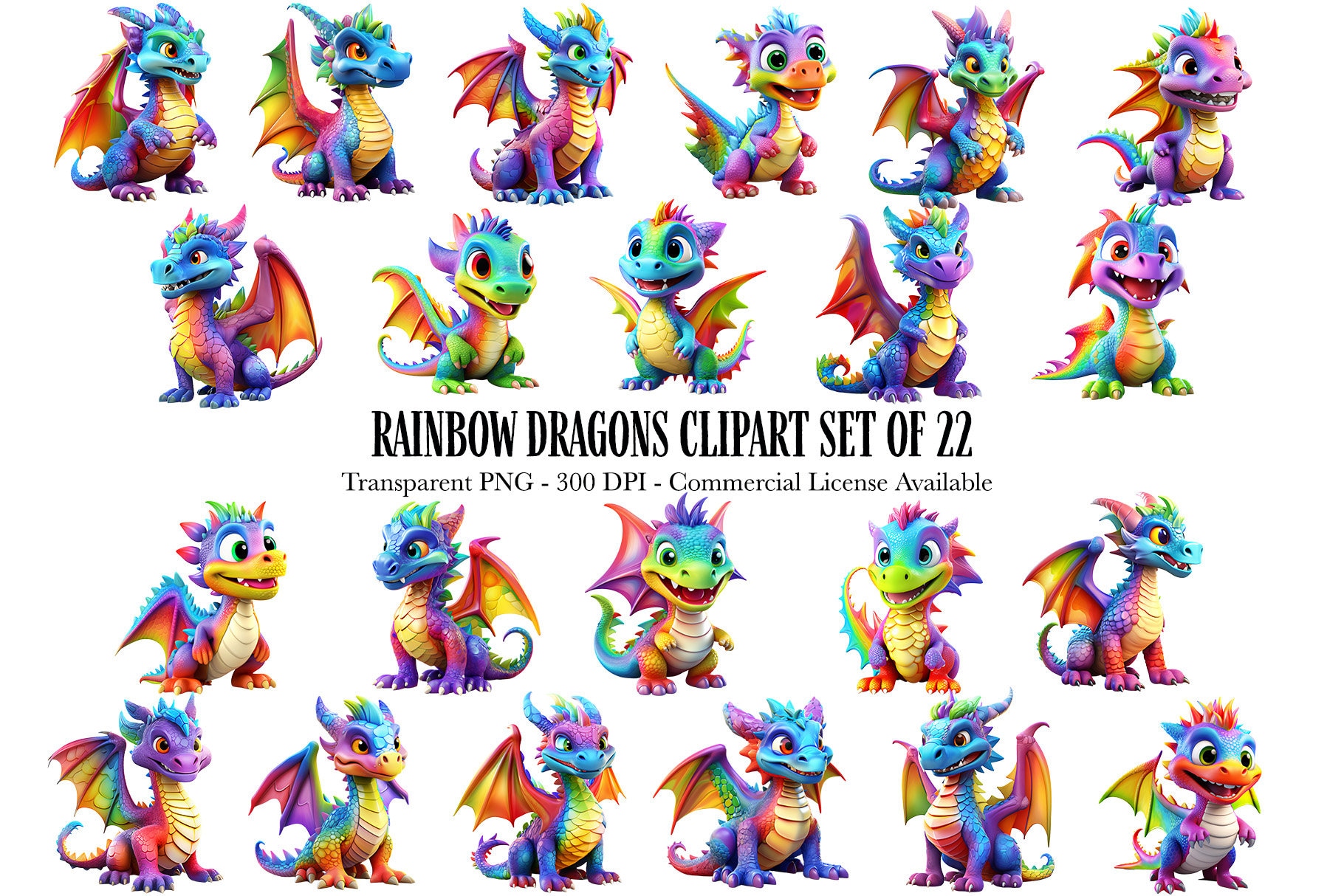 Rainbow Dragon Clipart Set of 20 Premium Clipart Files for - Etsy