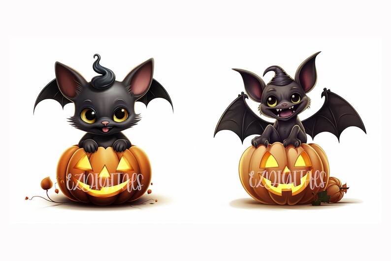Whimsical Bat and Pumpkin Illustration Clipart Set - 15 High-resolution ...