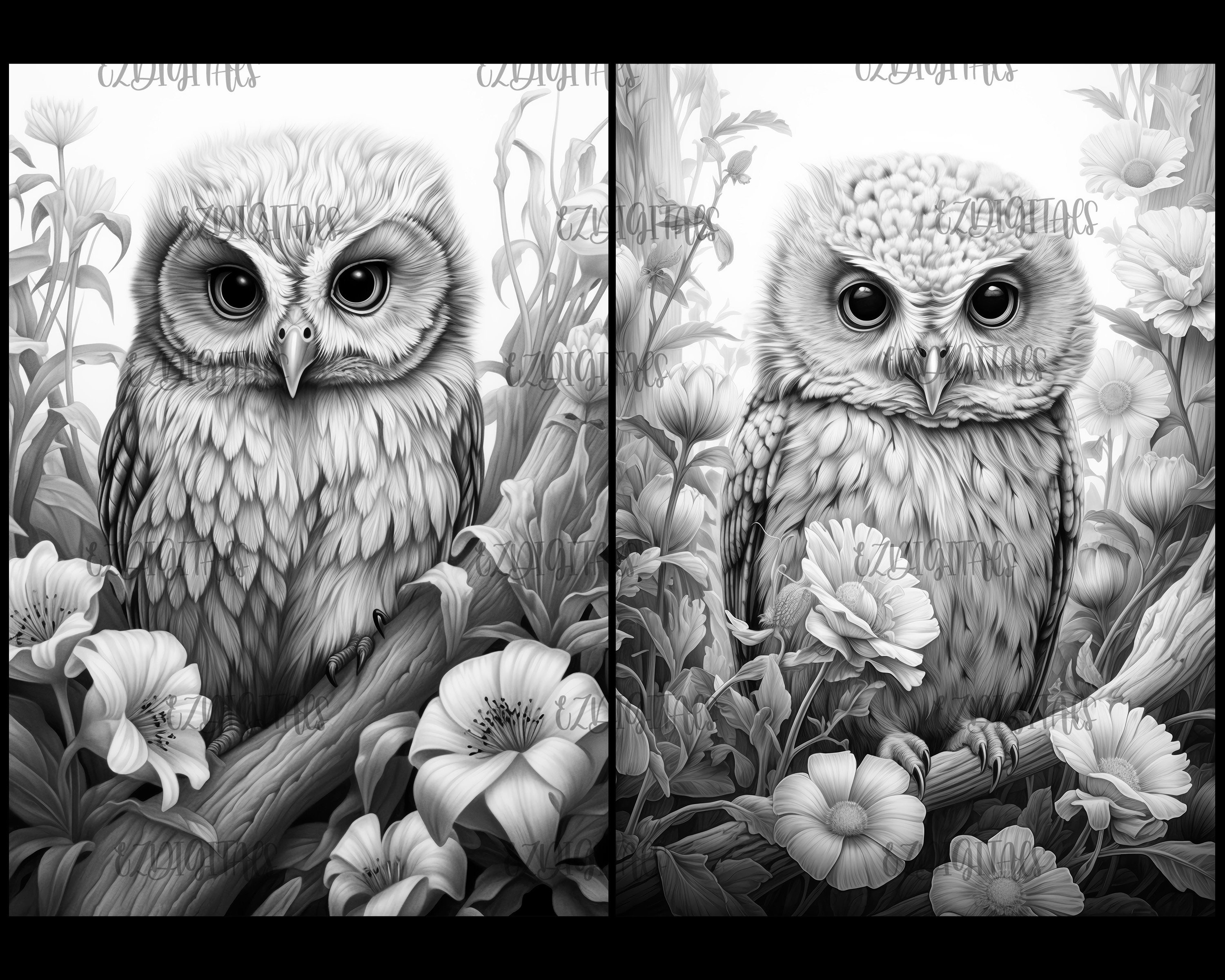 15 Owl Gardenscape Greyscale Coloring Pages Set 2 / Colouring Pages for ...